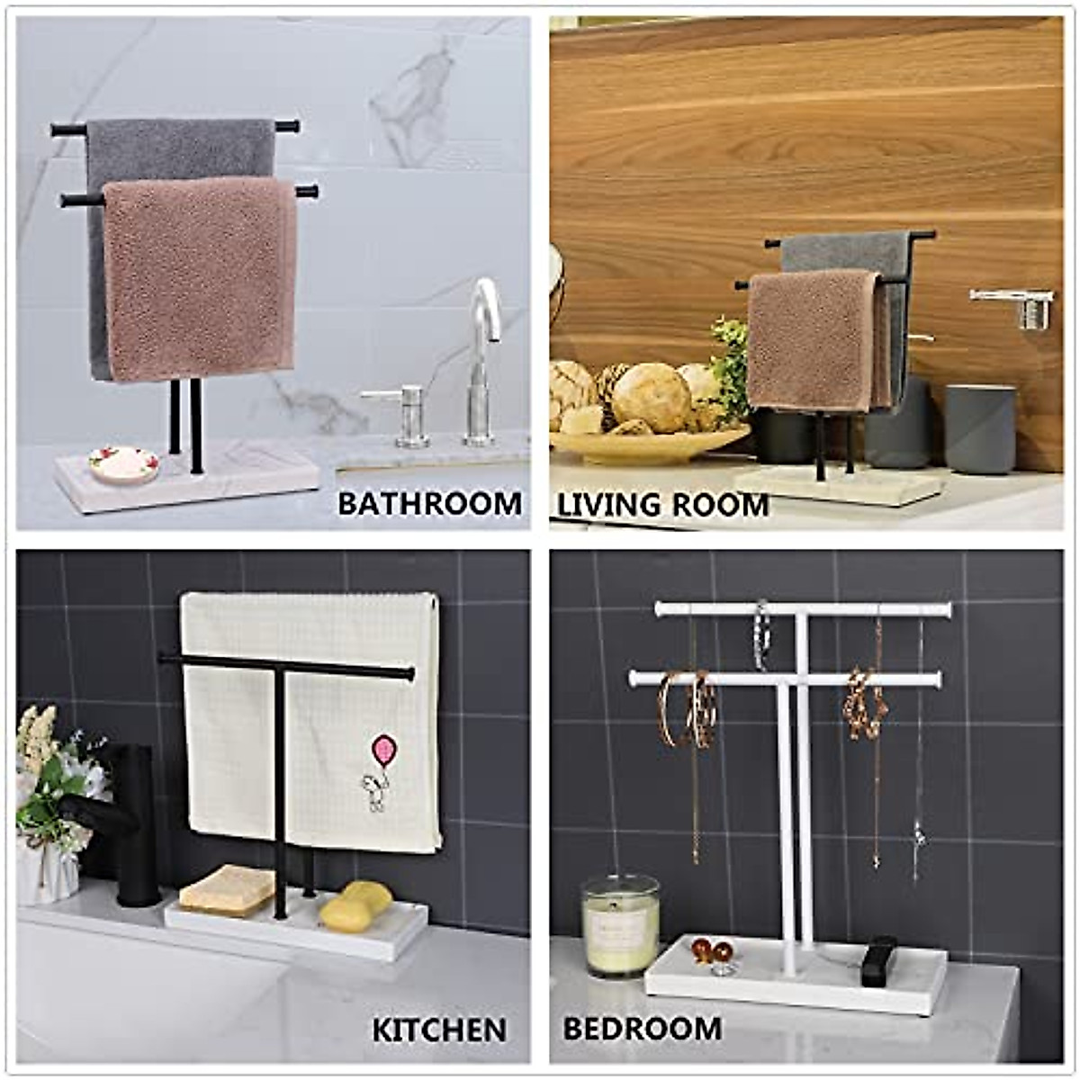 LKKL Hand Towel Holder - Double T Hand Towel Holder for Bathroom - Countertop Towel Stand Free Standing Towel Rack Bathroom Towel Hanging Rack with Resin Tray Base(Black/White)