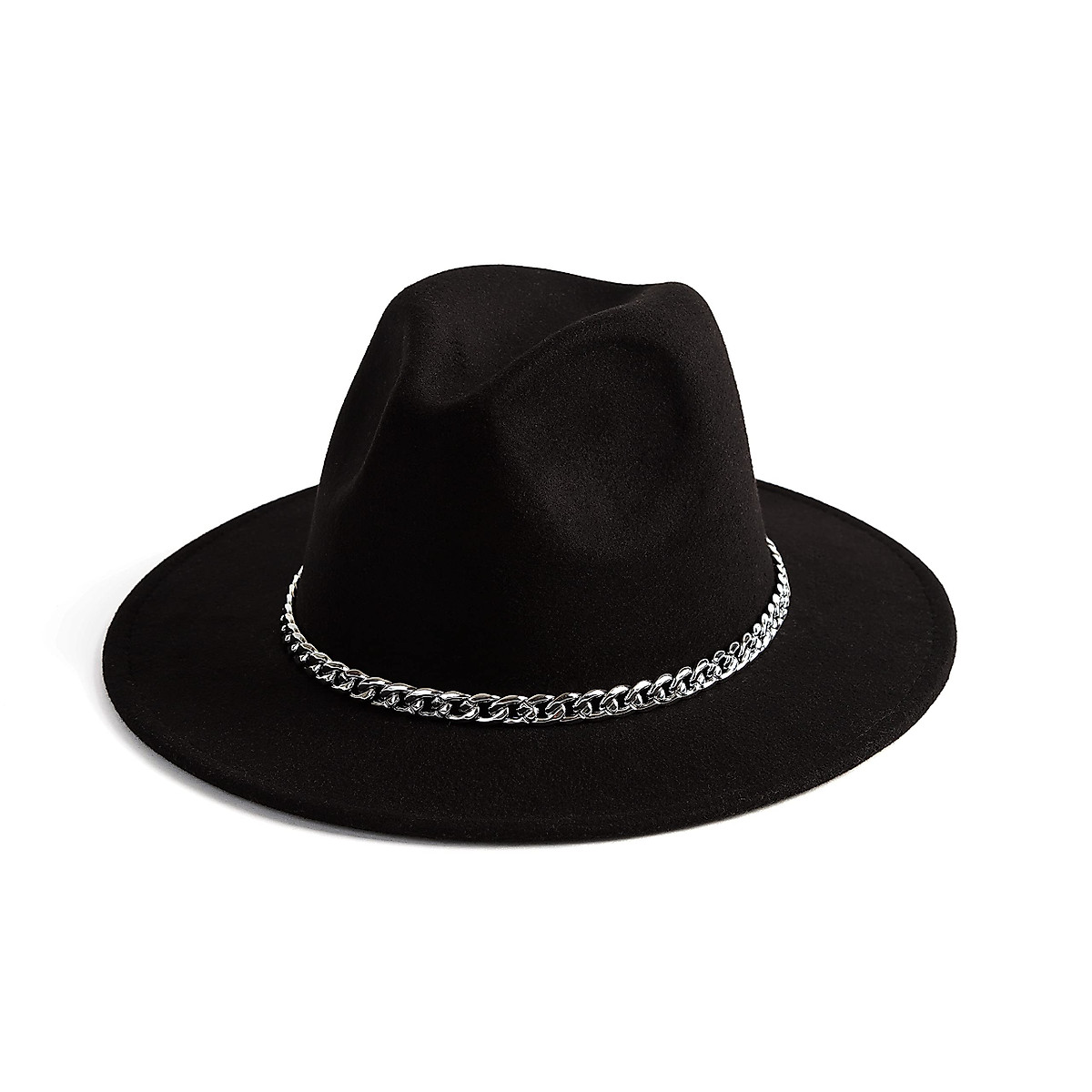 Gossifan Women Men Wide Brim Fedoran Hat with Chain Belt Buckle - Dark Night