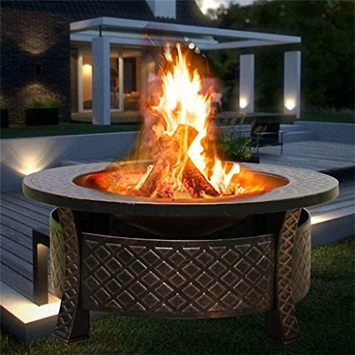 LEAYAN Garden Fire Pit Portable Grill Barbecue Rack Outdoor Fire Pit Bonfire Wood Burning Patio Coal Grill Firepit for Grill Charcoal Grill with Spark Screen with Cover BBQ Cooking for Camping Ba