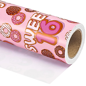 WRAPAHOLIC 16th Birthday Wrapping Paper - Mini Roll - 17 Inch X 33 Feet - Sweet 16 for Birthday, Party, Holiday