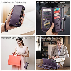 Defencase for Samsung Galaxy S21 Case, RFID Blocking for Galaxy S21 Case Wallet for Women Men with Card Holder, PU Leather Wrist Strap Zipper Pocket Magnetic Flip Phone Case for Samsung S21 5G, Purple
