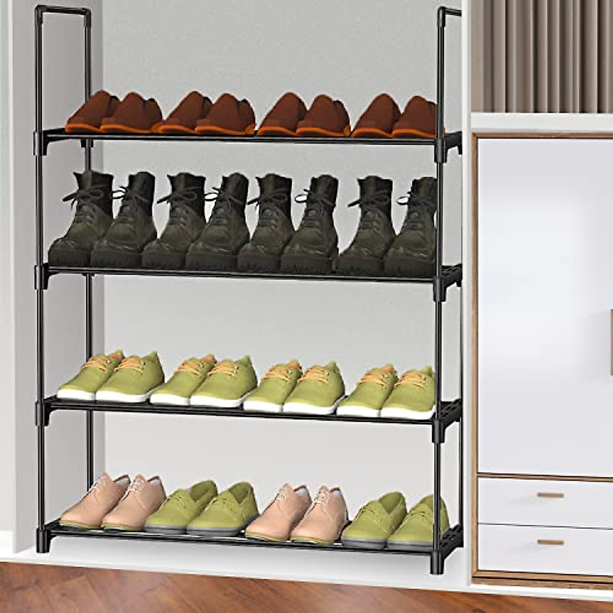 BIWHALE 4-Tier Stackable Shoe Rack, Expandable & Adjustable Fabric Shoe Shelf Storage Organizer, Black