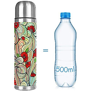 Red Flower Floral Art Stainless Steel Coffee Thermos, Double Walled Insulated Water Bottle for Outdoor Sports, Office, Car (17 OZ/500ML)