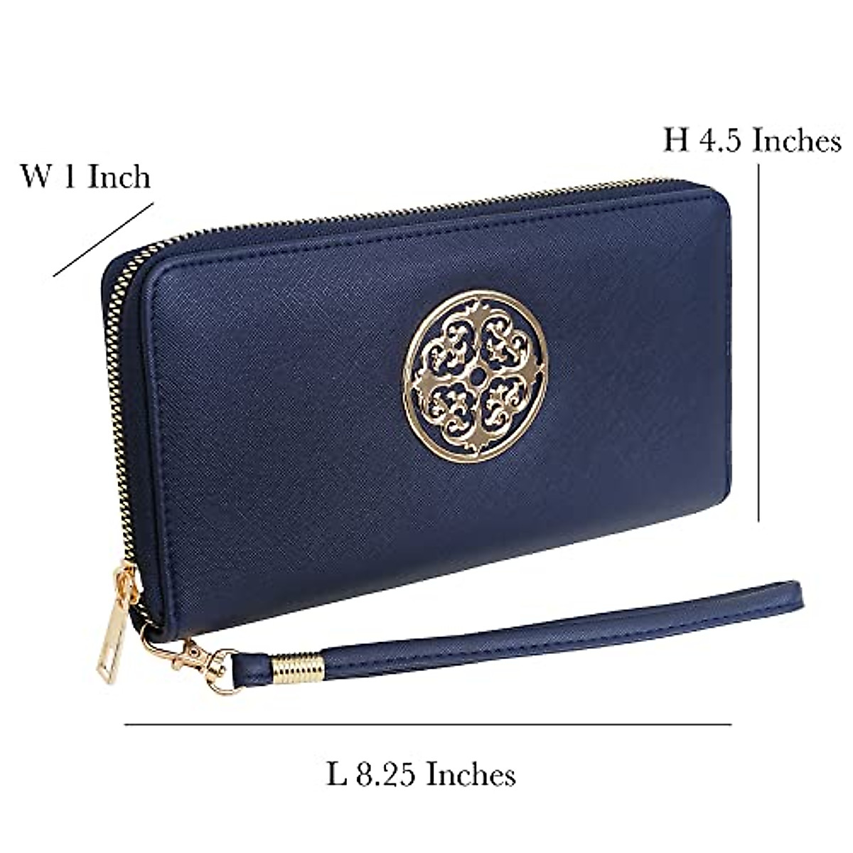 Rebecca & Rifka Women's Large Saffiano Vegan Leather Medallion Zip Around Multi Holder Organizer Wristlet Large Capacity Travel Clutch Wallet (Navy)