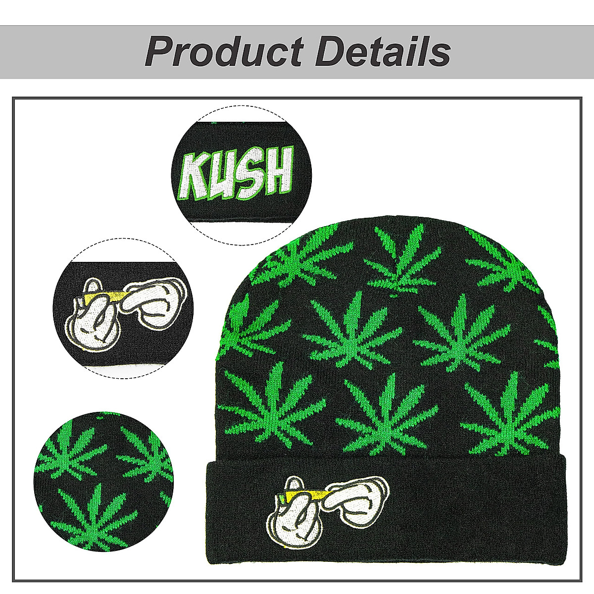 Marijuana Weed Acrylic-Hat Knit Beanie - Leaf Pot Cuffed Knit Winter Weed Beanie Hat Mens Women Green
