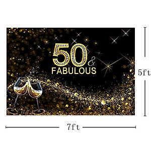 MEHOFOTO Glitter Gold and Black 50 and Fabulous Photo Studio Booth Background Wine Glass Bokeh Shiny Adult Happy 50th Birthday Party Decoration Banner Backdrops for Photography 7x5ft