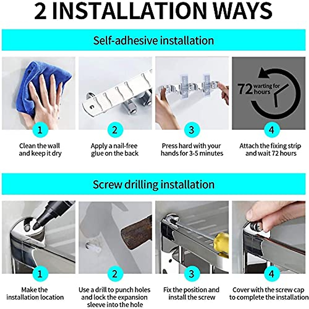 HXcomet Broom Mop Holder, Stainless Steel Wall Mounted Storage Organizer Cleaning Tool for Kitchen, Garage, Garden, Bathroom Organization Storage (3 Racks 4 Hooks)