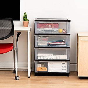 IRIS USA Plastic 4 Drawer Wide Storage Drawer Cart with 4 Caster Wheels for Home, Closet, Bedroom, Bathroom, Office, Laundry, Kitchen, Craft Room, Nursery and School Dorm, Black, Set of 1