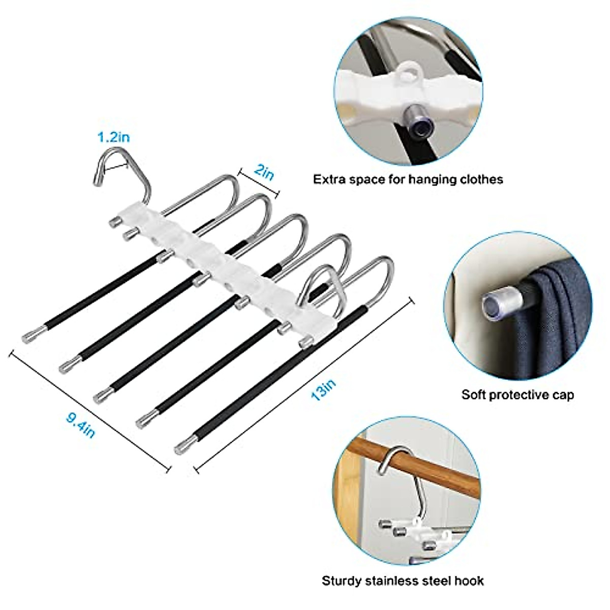HotMax Pants Hanger Space Saving, Multiple Pants Organizer for Closet, Stainless Steel Jeans Hangers, Non-Slip Trousers Storage Organizer for Scarf, Skirt(2packs, 5-rods)
