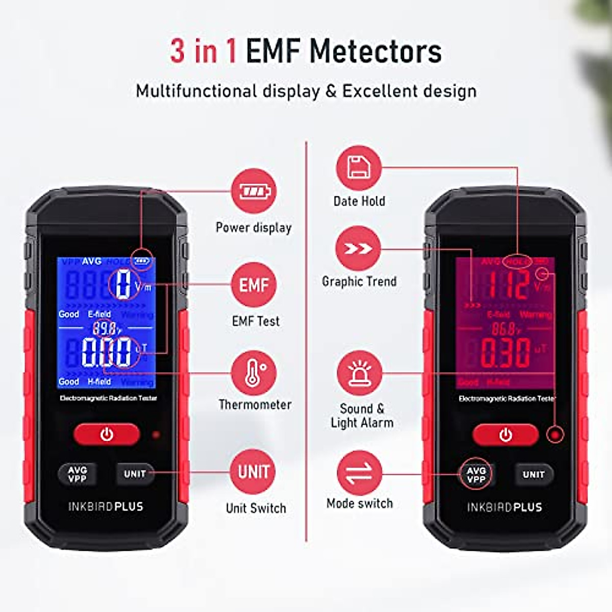 INKBIRDPLUS EMF Meter, Hand-held Digital Electromagnetic EMF Radiation Detector, 3in1 Rechargeable EMF Reader, EMF Detector Meter for Home,Office,Outdoor,Paranormal Equipment, Ghost Hunting Equipment