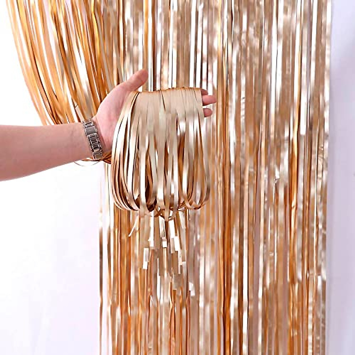 Dazzle Bright Backdrop Curtain, 3FT x 8FT Metallic Tinsel Foil Fringe Curtains Photo Booth Background for Baby Shower Party Birthday Wedding Engagement Bridal Shower (2, Champagne Gold)
