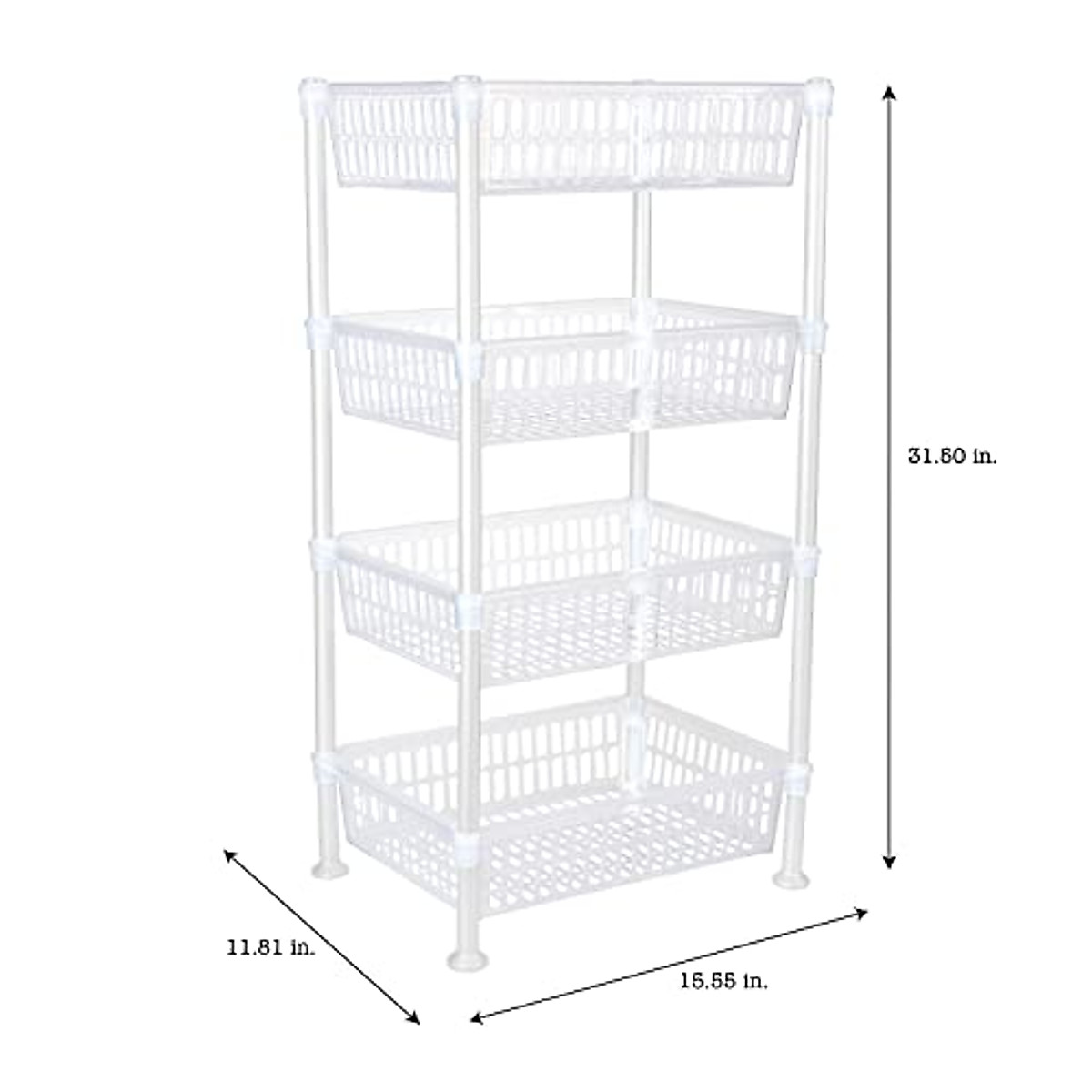 Kitchen Details 4 Tier Slim Basket Shelf Rack | Storage & Organizer | Kitchen | Bathroom | Laundry Room | Office | Good for Food and Kitchen Supplies | White