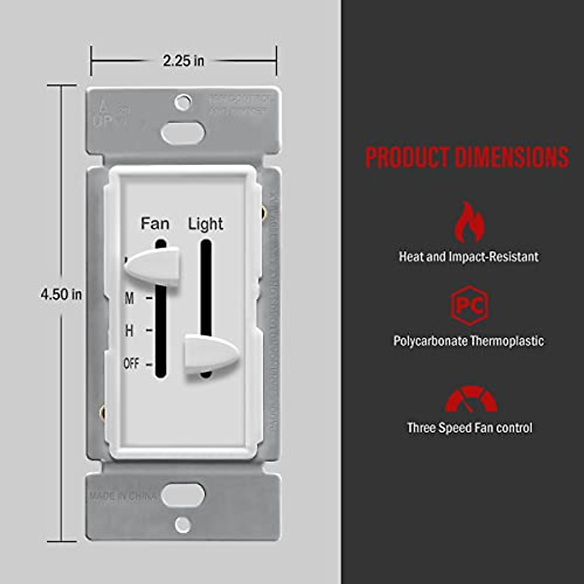 ENERLITES 3 Speed Ceiling Fan Control and Dimmer Light Switch, 2.5A Single Pole Light Fan Switch, 300W Incandescent Load, No Neutral Wire Required, 17001-F3-W, White, 2 Pack…