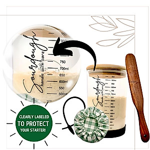 Sourdough Starter Kit - Sourdough Kit Includes Wooden Spurtle, Glass Jar w/ Bamboo Lid, Cloth & More - Non-Slip Silicone Base Sourdough Bread Baking Supplies - Bread Making Kit for Beginners & Pros