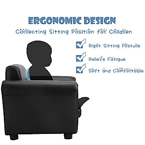 HONEY JOY Kids Couch with Ottoman, Child Size Sofa with Roundy Footstool, PU Leather, Anti-Slip Pad, Mini Toddler Toy Story Chair for Playroom Furniture (Black)