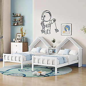 Harper & Bright Designs Double Twin Bed Frames for Kids,Wood Double Twin House Bed with House-Shaped Headboard and a Built-in Nightstand, Side by Side Montessori Twin Bed for Kids Girls Boys,White