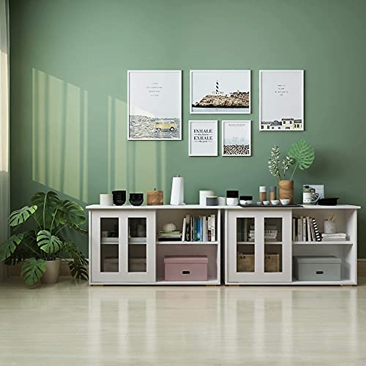 FurnitureR Sideboard Buffet Modern Storage Cabinet with Sliding Doors/Adjustable Shelves, 42'' Kitchen Cupboard Stackable Console Bar Table for Home Living Room, White