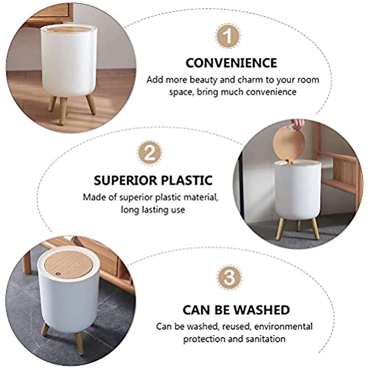 Angoily Trash Can Garbage Can with Press Top Lid Nordic Modern Waste Basket Plastic Trash Bin for Kitchen Bathroom Bedroom Living Room Office Outdoor