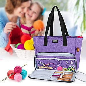 CURMIO Yarn Storage Bag, Knitting Tote Bag for WIP Project, Crochet Hooks, Knitting Needles and Yarn Skeins, Bag Only, Purple (Patented Design)