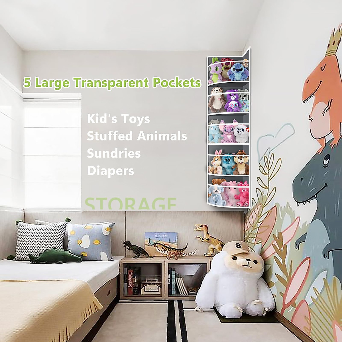 UVIAHOMI Sofe Corner Stuffed Animal Storage Toy Organizer, Child-Friendly Wall Corner Storage,Toy Shelf for Stuffed Animals, Diapers,Toys - Baby Ideas Holder with 5 Large