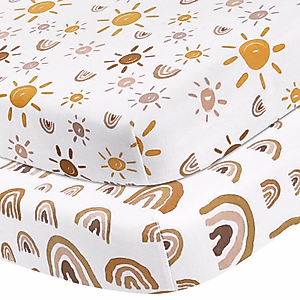 Babebay Pack N Play Sheets Fitted for Pack and Play Mattress and Mini Cribs, Jersey Knit Cotton for Natural Comfort Fitted for Baby Boys and Girls, Soft and Safe, 2 Pack (Rainbow and Sun)