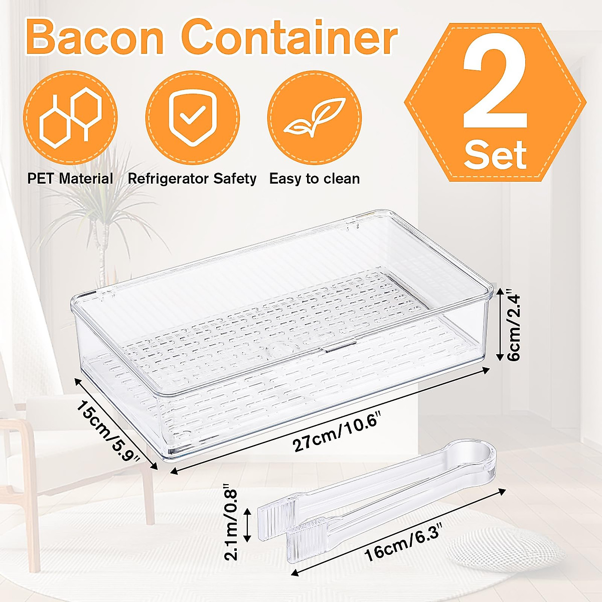 Gandeer 4 Pack Bacon Container for Refrigerator with 2 Acrylic Food Servings Tongs and Drain Plates for Fridge Bacon Holder Deli Meat Cheese Keeper Safe Long Kitchen Food Storage Containers with Lids
