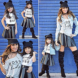 Afunbaby Toddler Baby Little Girls Fashion Clothes Mini Boss Shirt Tops&Leather Skirt 2Pcs Clothing Outfits Set (1-2T,Mini Boss Leather Sk)