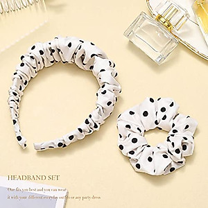 Roncidy Boho Wide Headband Polka Dot Printed Hair Bands Scrunch Hair Hoop Headbands with Hair Scrunchies Elastic Ruched Hairband for Women and Girls,1 Set (White)