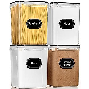 PRAKI Large Airtight Food Storage Containers 5.2L / 195oz, BPA Free, 4pcs Pantry Kitchen Organization Set for Flour, Sugar, Baking Supplies, Plastic Flour Container with 20 Labels & Maker