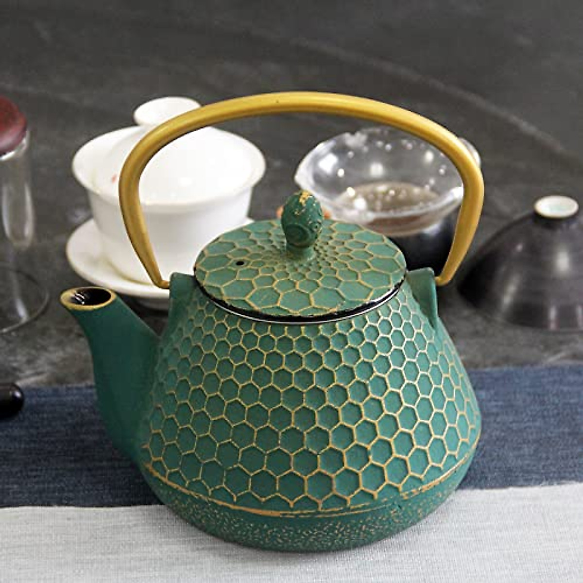 Cast Iron Tea Kettle, Japanese Tetsubin Teapot Coated with Enameled Interior, Durable Cast Iron Teapot with Stainless Steel Infuser for Stovetop Safe(1000ml/34oz)