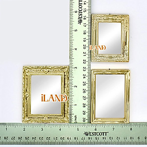 iLAND Mini Mirrors, Dollhouse Accessories on 1:12 Scale, Miniature Framed Glass Mirror (Bright Golden 4pcs)