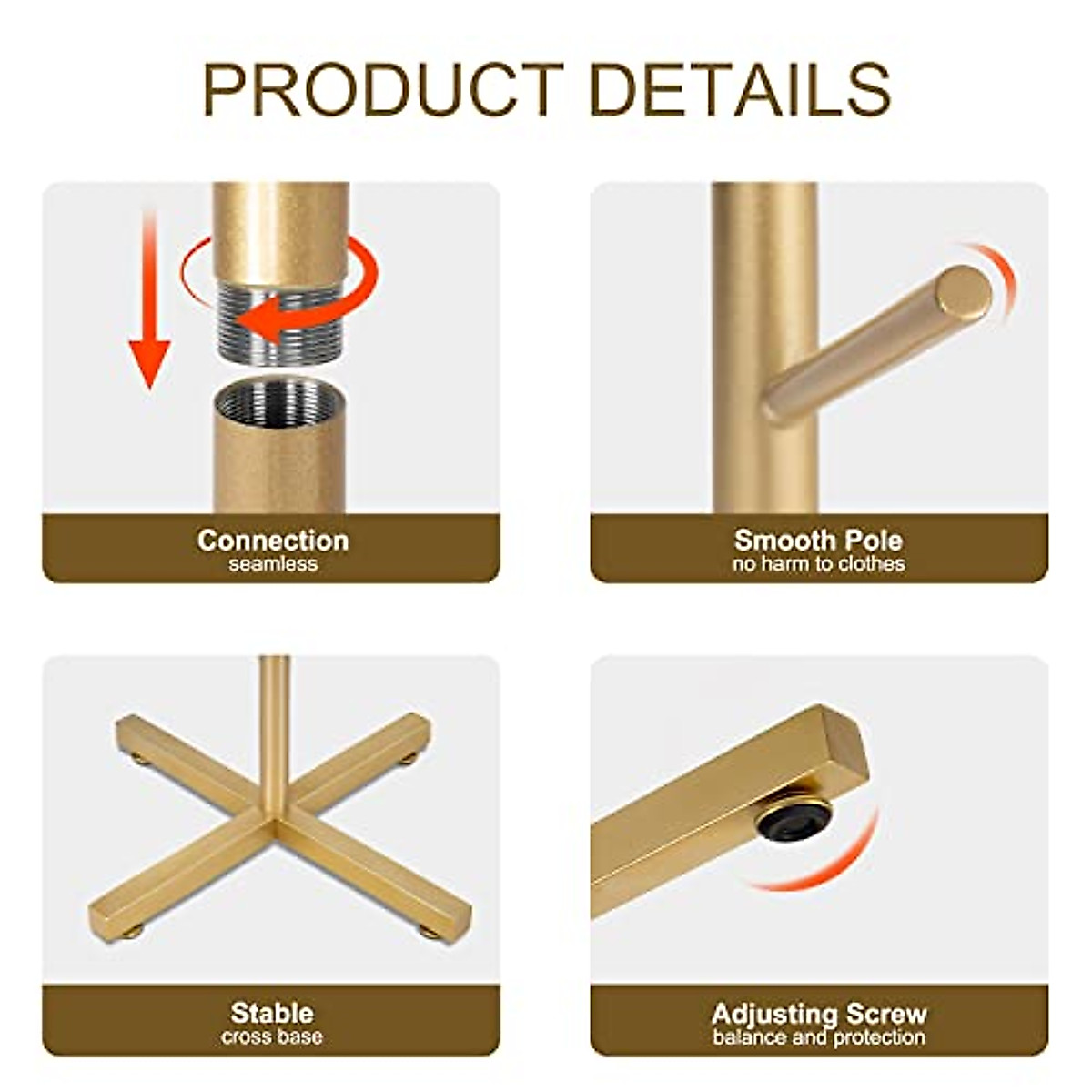 ZOZOE Coat Rack, Metal Coat Rack Freestanding with 8 Hooks, Coat Rack Stand Easy to Assemble, Coat Tree Suitable for Hanging Clothes, Bags, Hats, Accessories (Golden)