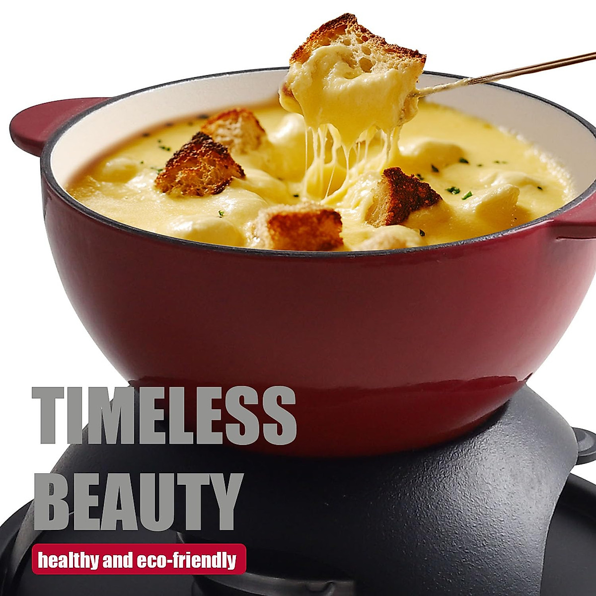 Artestia 11-Piece Cast Iron Fondue Set with Adjustable Burner 6 Colored Forks, 5-Cup Red Cheese Fondue Pot, Perfect for Chocolate, Caramel, Meat, 4-6 Person