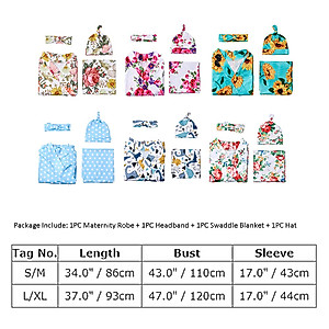Mommy and Me Robe and Swaddle Set Floral Print Maternity and Baby Matching Hospital Labor Delivery Swaddling Wrap Blanket Dress with Headband Hat for Mom and Girl Boy 4pcs Outfit Blue Dinosaur L/XL