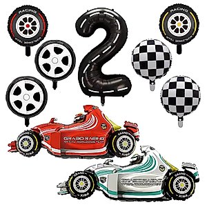 Number 2 Race Car Balloons, 43 Inch Race Car Party Decorations, Wheel Tire Balloons, Black and White Checkered Foil Balloons, Car Balloons for Boys 2nd Birthday Party Decoration - Pack of 9