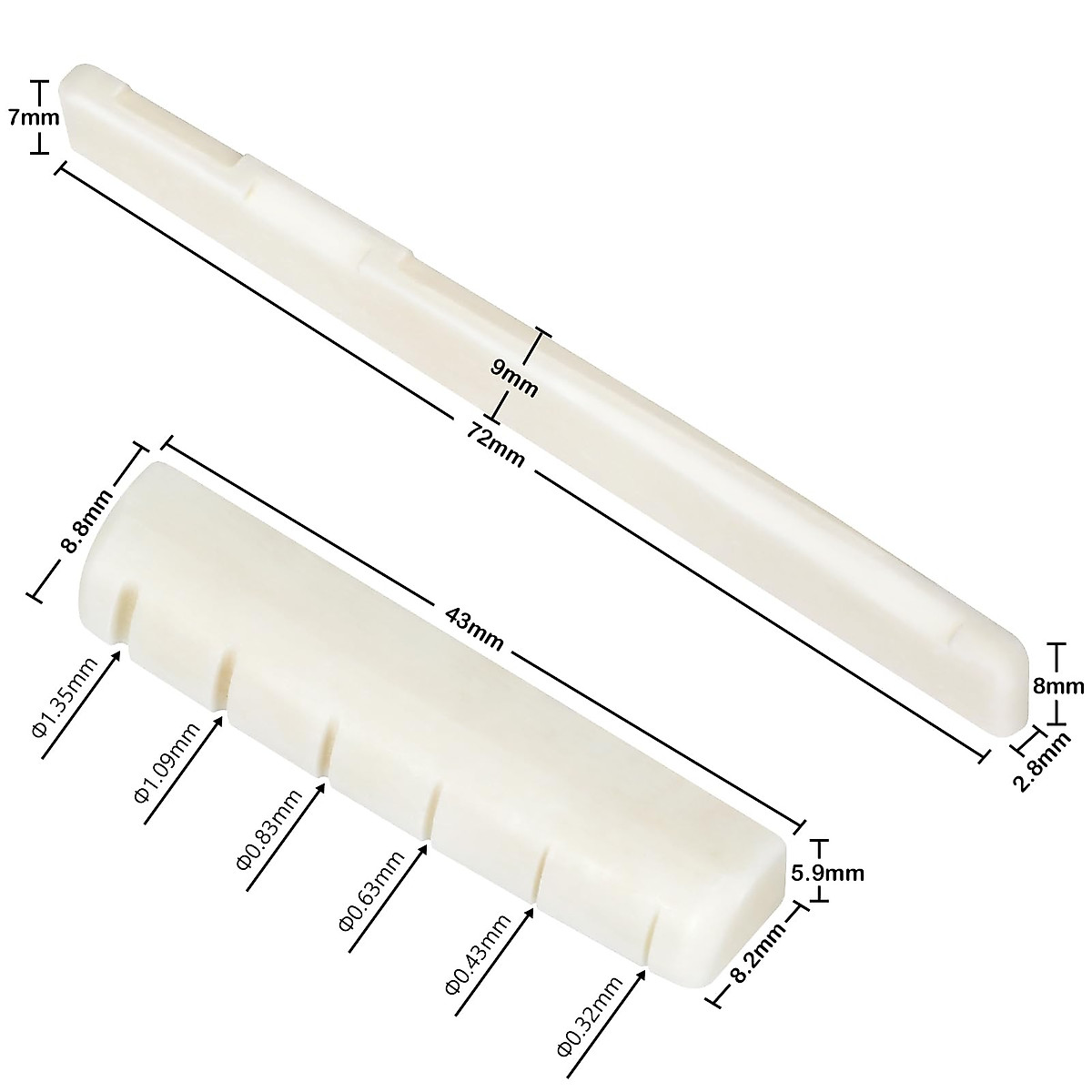 Blisstime 6 String Acoustic Guitar Bone Bridge Saddle and Nut and 6pcs Ebony Guitar Bridge Pins