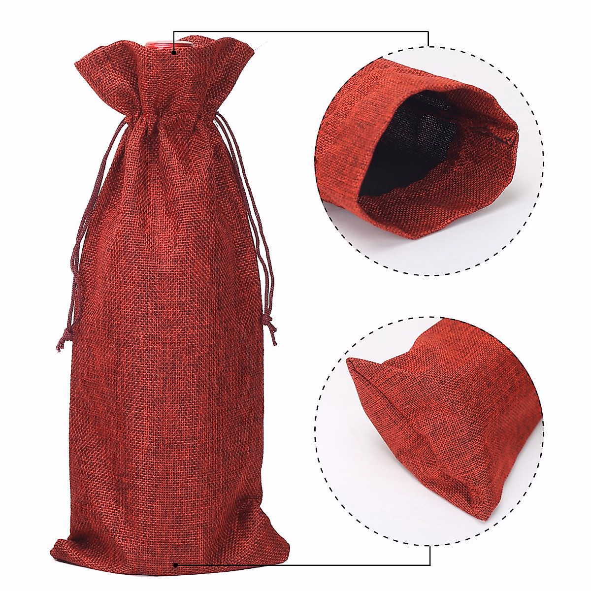 HRX Package Pack of 10 Burlap Wine Bags with Drawstring for Christmas, 14 x 6 1/4 inches (Red)