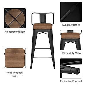 HAOBO Home 30" Low Back Barstools Metal Stool with Wooden Seat [Set of 4] Counter Height Bar Stools, Matte Black