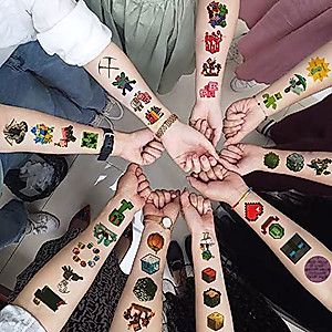 12 Sheets Cute Temporary Tattoos for Kids, Pixel Birthday Party Supplies Pixel Style Party Favors for Kids Boys Girls Pixel Video Game Party Decorations Pixel Theme Party Gifts