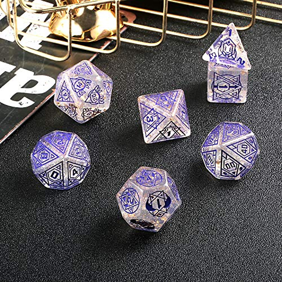 DNDND Giant DND Dice Set,7 PCS Translucent Polyhedral D&D Dice Set with Gift Metal Box for Dungeons and Dragons DND Rolling and Table Games (Translucent with Purple Number)