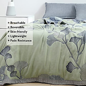 MODUSKYE Muslin Throw Blanket, Bohemian Throw Quilt 78 * 90 Inch Queen Cotton Ginkgo Pattern Ultra Soft Light Reversible Cozy Bedding Coverlet Sofa Throw(Green+Grey)