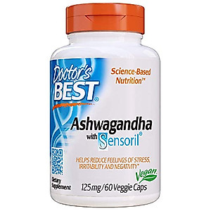 Doctor's Best Ashwagandha with Sensoril, Ayurvedic Herb, Standardized Withania somnifera Extract, Clinically Proven to Support Mental Focus, Cardiovascular Health & Healthy Energy, 125mg, 60 Count