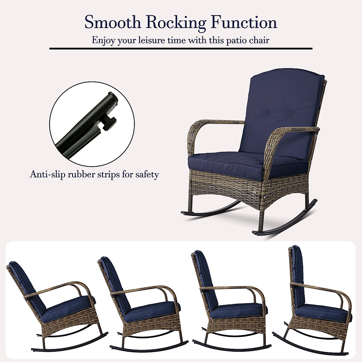 MAXPRIME 3 Pieces Outdoor Wicker Rocking Chairs, Patio Rocking Chairs Set of 2 with Cushions, 3 Piece Patio Set, Outdoor Patio Furniture for Porch, Backyard, Bistro, Blue