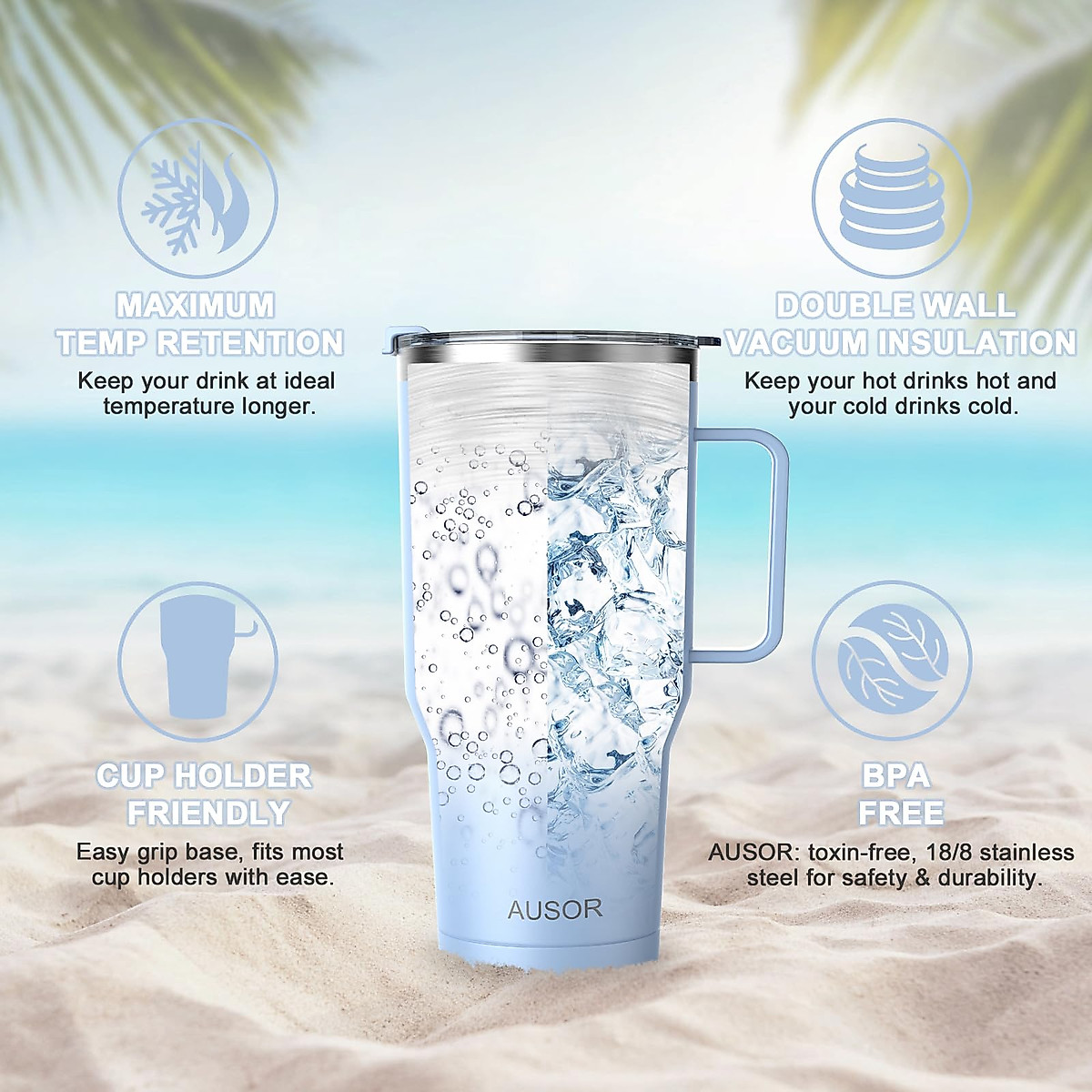 AUSOR 30 oz Tumbler with Lid and Straw,Water Bottle with Handle,Insulated Stainless Steel Tumbler for Hot & Cold, Coffee Travel Mug Cups Reusable Blue