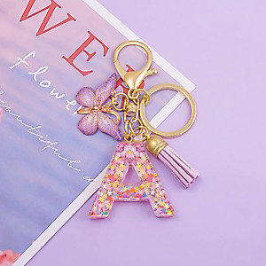 OKAICEN Fashion Snowflakes Alphabet Initial Letter Keychain Purple Tassel Butterfly Pendant Key Ring for Purse Handbags Women Girl ('A')