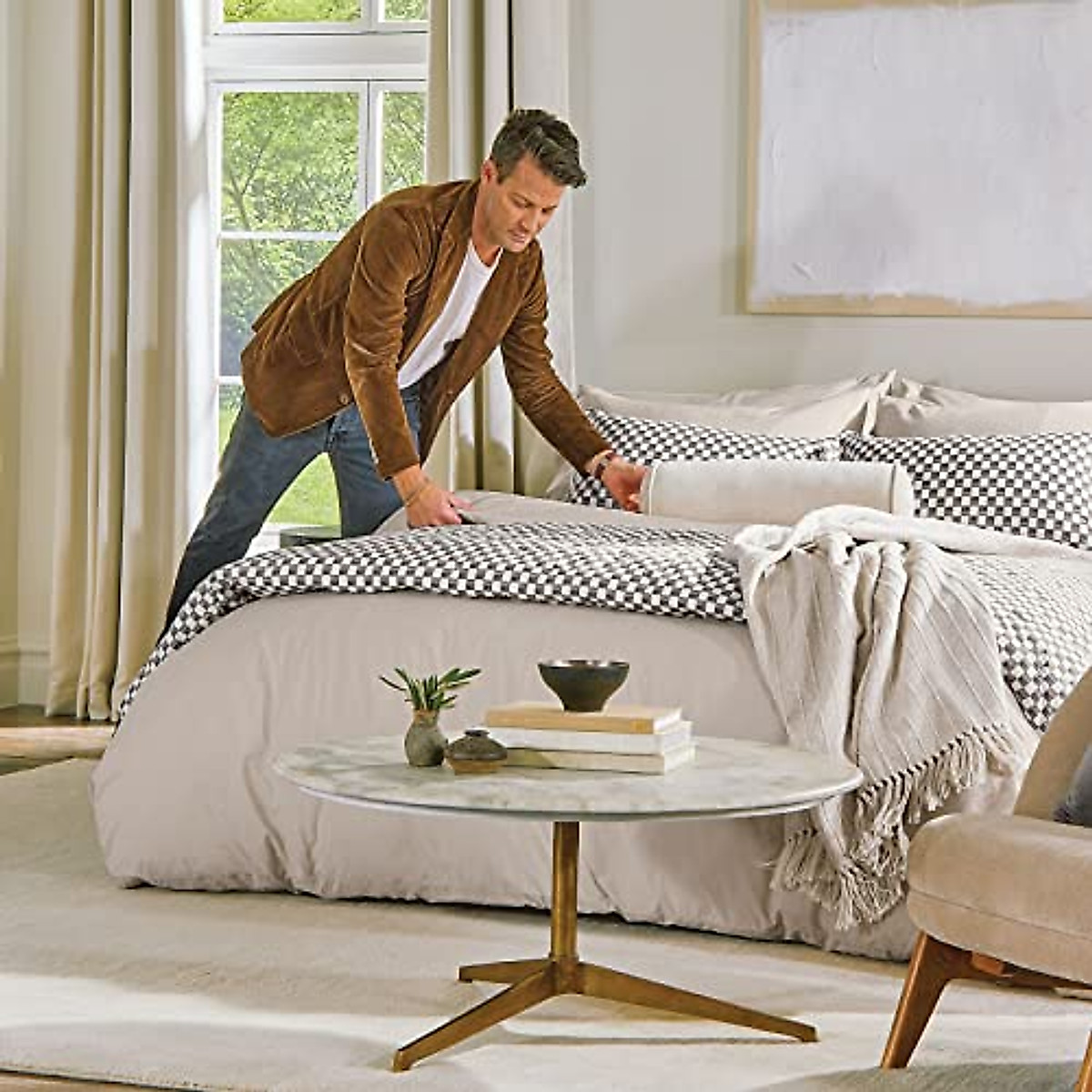 Nate Home by Nate Berkus Lightweight Textured Weave Cotton Throw Blanket | with Fringe Detail, Breathable, All-Season Decoration for Bedding from mDesign - 50" x 60", Natural (Tan)