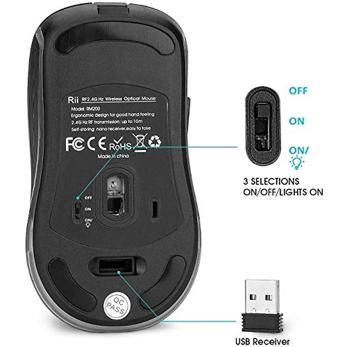 Rii RM200 2.4G Wireless Mouse with USB Nano Receiver, 5 Buttons Rechargeable RGB,3 Adjustable DPI Levels,Colorful Gaming Mouse for Notebook,PC,Computer-Black