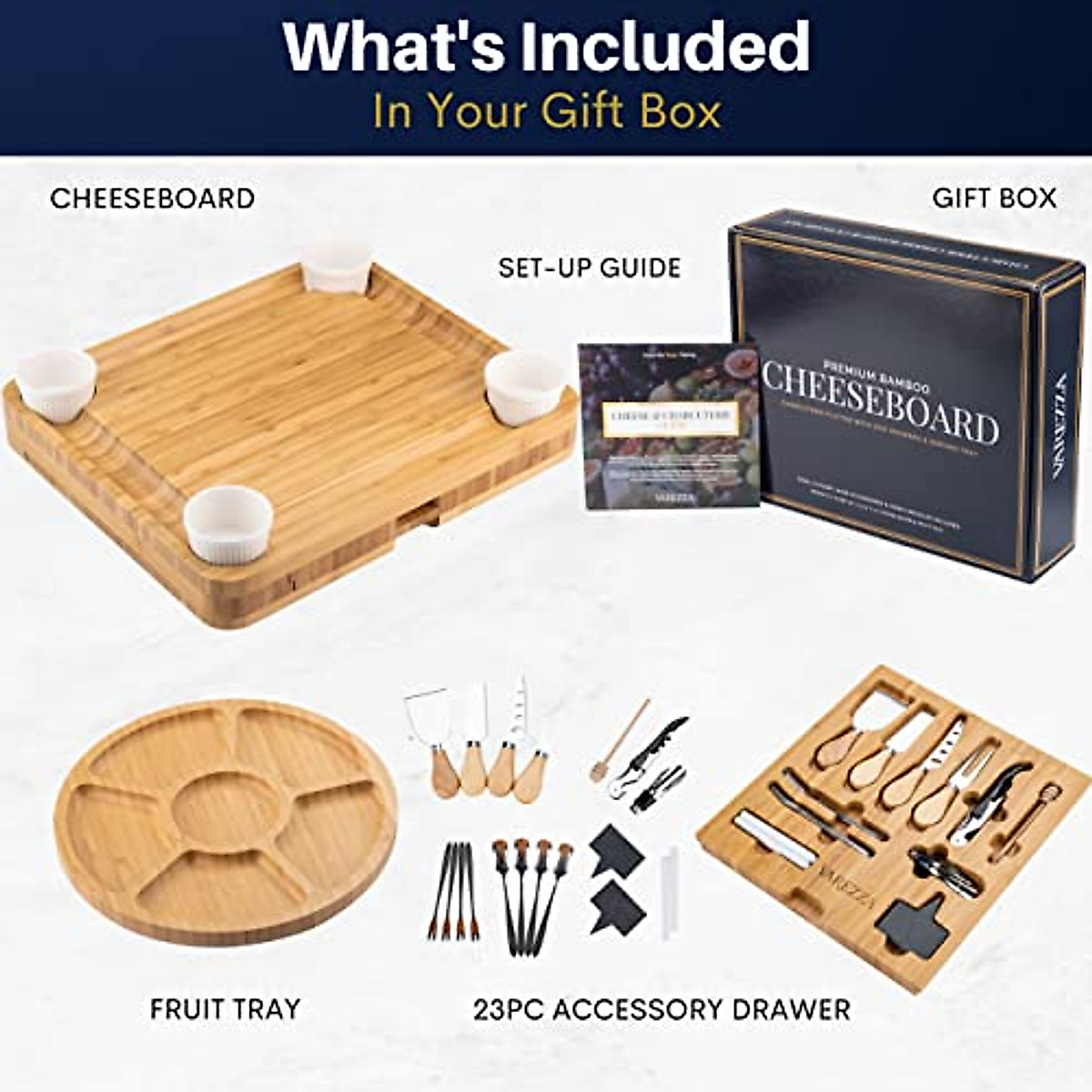 VAREZZA Bamboo Cheese Board and Knife Set Extra Large Charcuterie Board Set - Serving Board, Side Cheese Tray, Round Bamboo Fruit Cheese Platter, 23 Entertaining Accessories for House Warming Gift