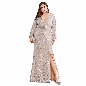 Ever-Pretty Women's Deep V-Neck Front Wrap High Thigh Slit Sequin Dress Plus Size Champagne US16