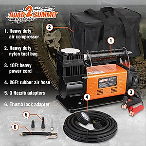 Heavy Duty Portable 12V Air Compressor Kit Inflate 6.35CFM (180L/ Min), Max 150PSI, Off-Road Air Compressor Kit for 4x4 Vehicle RV, Air Pump for ATVS Tire, for Car and SUV Tire, ROAD2SUMMIT
